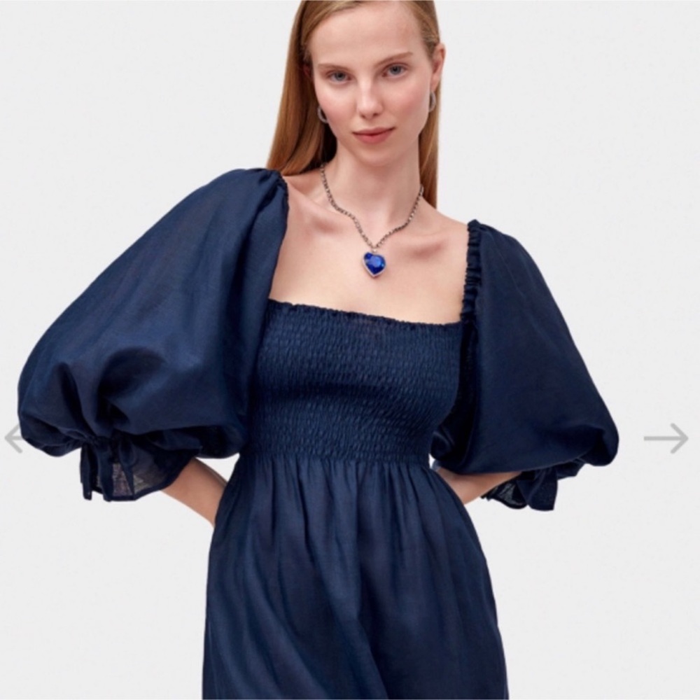 Sleeper Atlanta 100% Linen Dress In Navy Blue Sz M - Gem